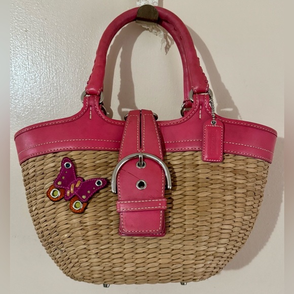 Coach | Bags | Coach Butterfly Straw Weave Pink Leather Satchel Handbag ...